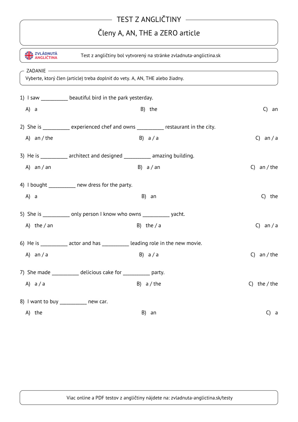 Členy A, AN, THE a ZERO article test - Online testy z angličtiny ...